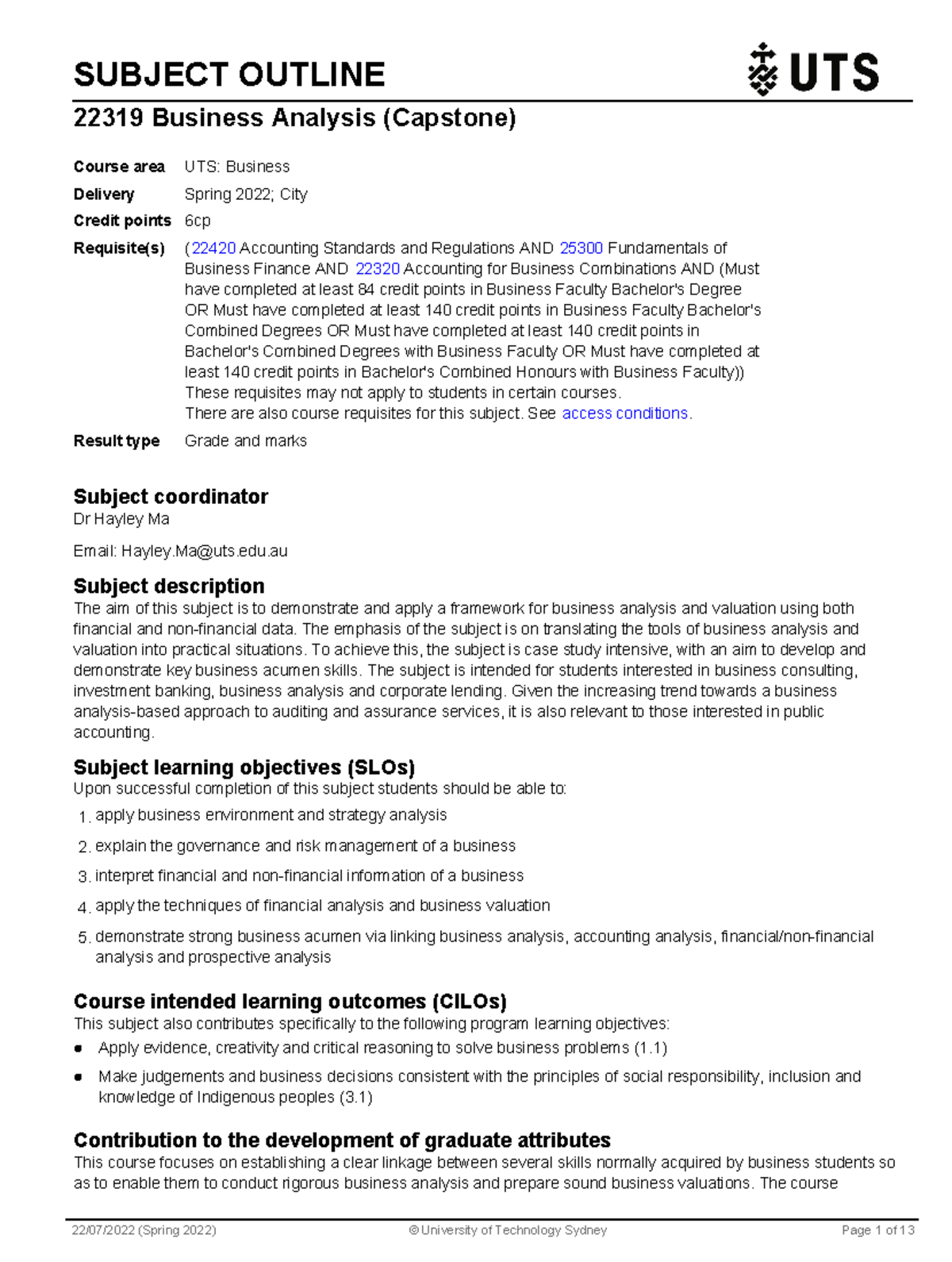 Business Analysis Spring 2022 Subject Online - SUBJECT OUTLINE 22319 ...