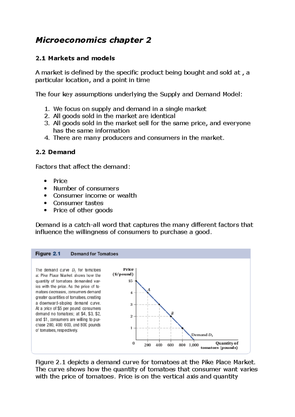 Notes chapter 2 (week 1) - Microeconomics chapter 2 2 Markets and ...