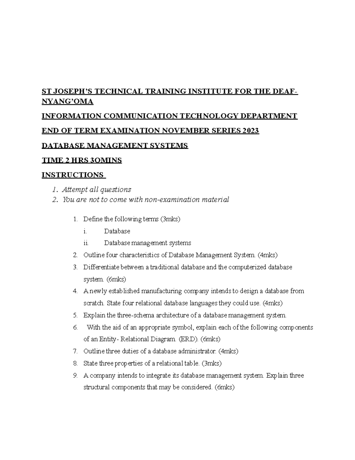 DBMS Exams - database examination for diploma 2 - ST JOSEPH’S TECHNICAL ...