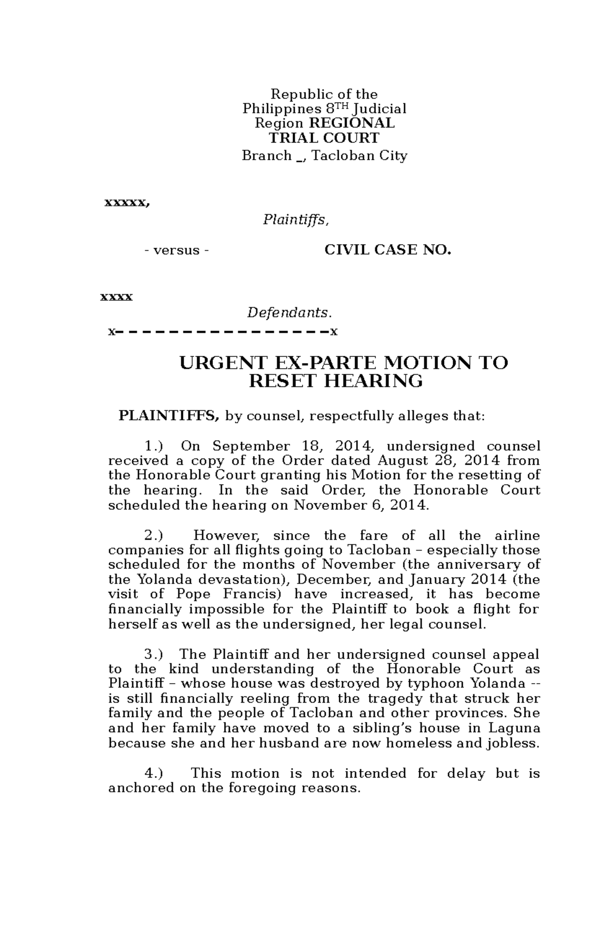 Sample Motion To Reset Hearing Republic Of The Philippines 8TH