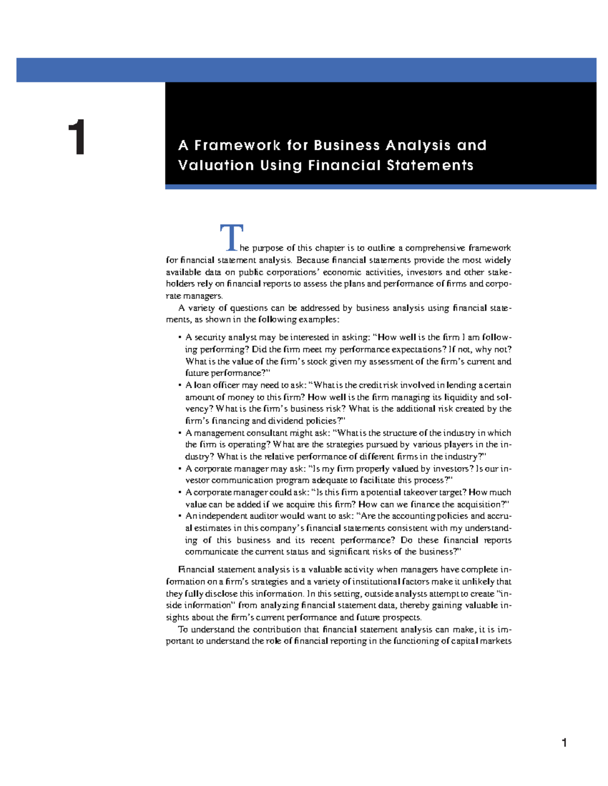Chap 1 - Chap 1 - c h a p t e r 1- A F r a m e work for Business Analysis and V a l u a t i o n ...