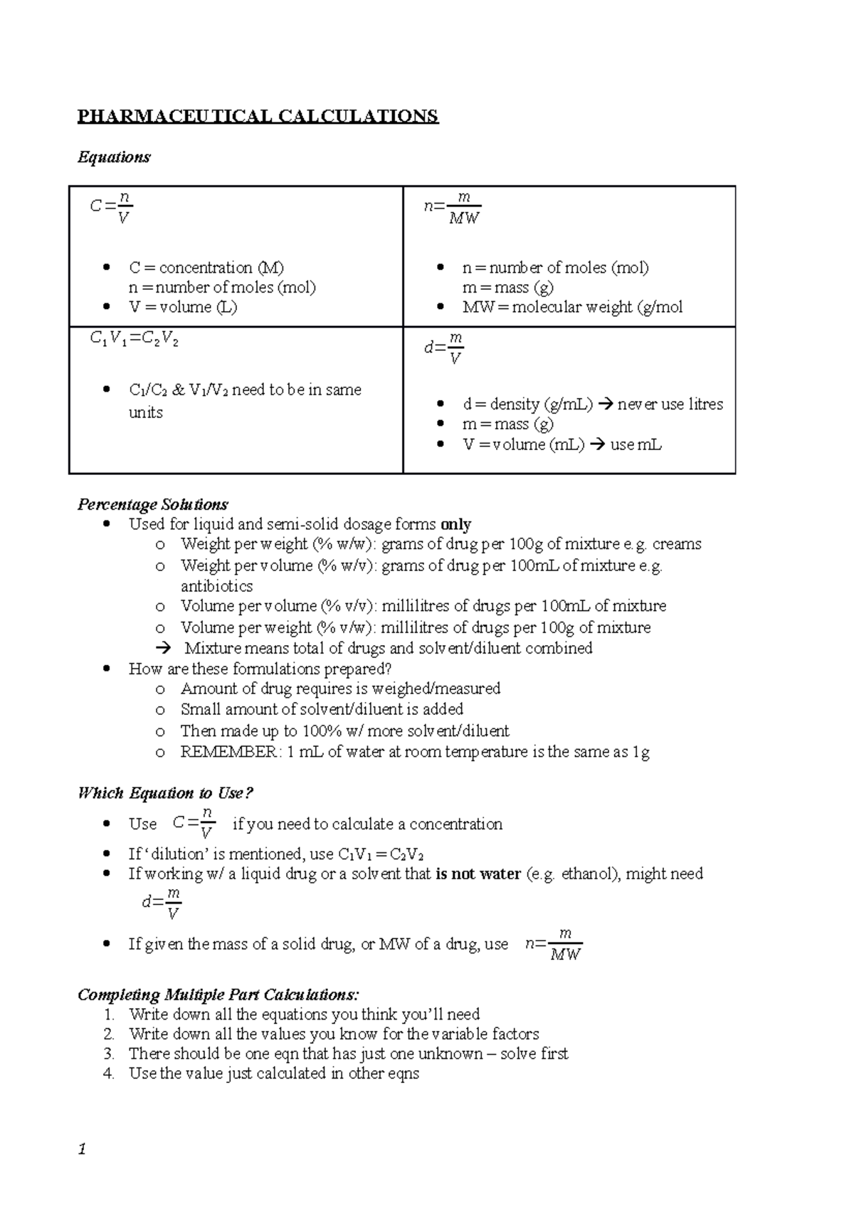 1822 Notes - PHARMACEUTICAL CALCULATIONS Equations C=n V C ...