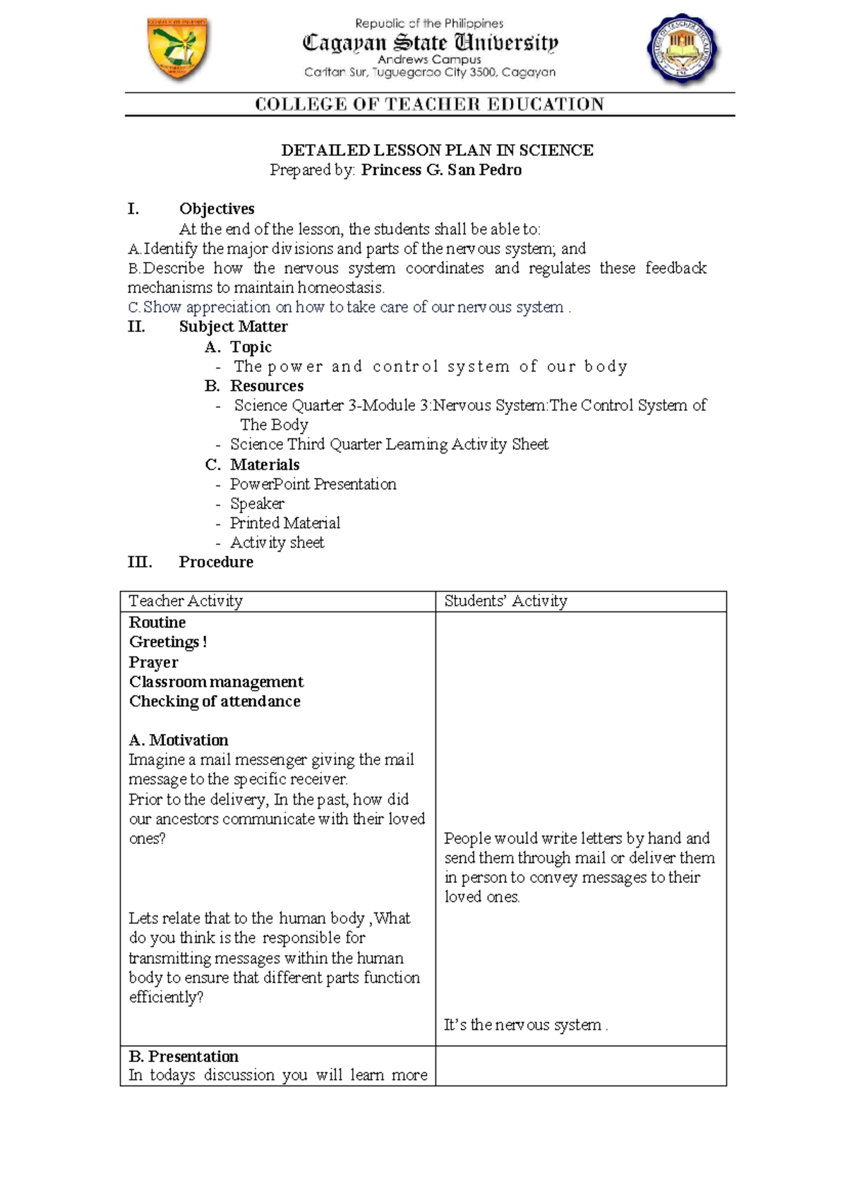 DLP 2 Nervous System.pdf psp - DETAILED LESSON PLAN IN SCIENCE Prepared ...