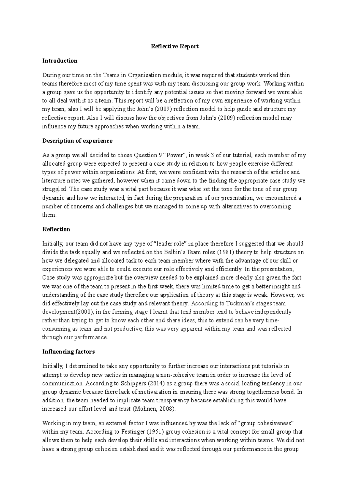 Reflective report teams - Reflective Report Introduction During our ...