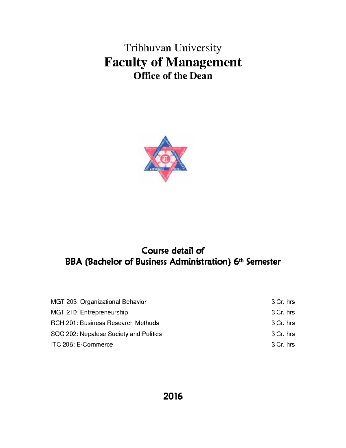 BBA 6th Semester Syllabus 2016 - Tribhuvan University Faculty of ...