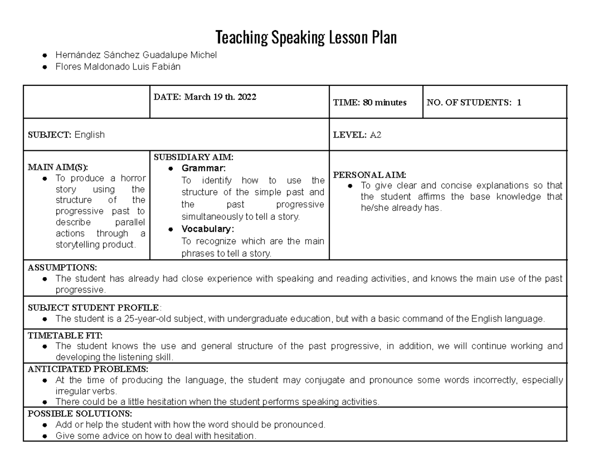 Teaching Speaking lesson plan - Teaching Speaking Lesson Plan Hernández ...