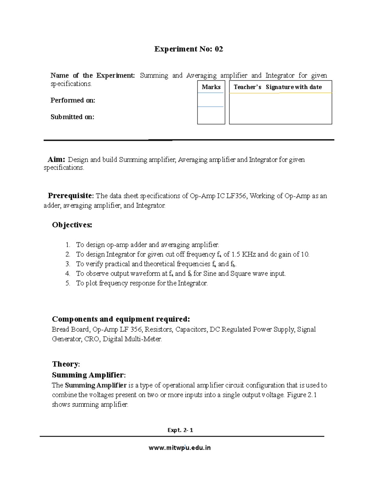 ADIC lab manual Expt 2 - Experiment No: 02 Name of the Experiment: Summing and Averaging ...