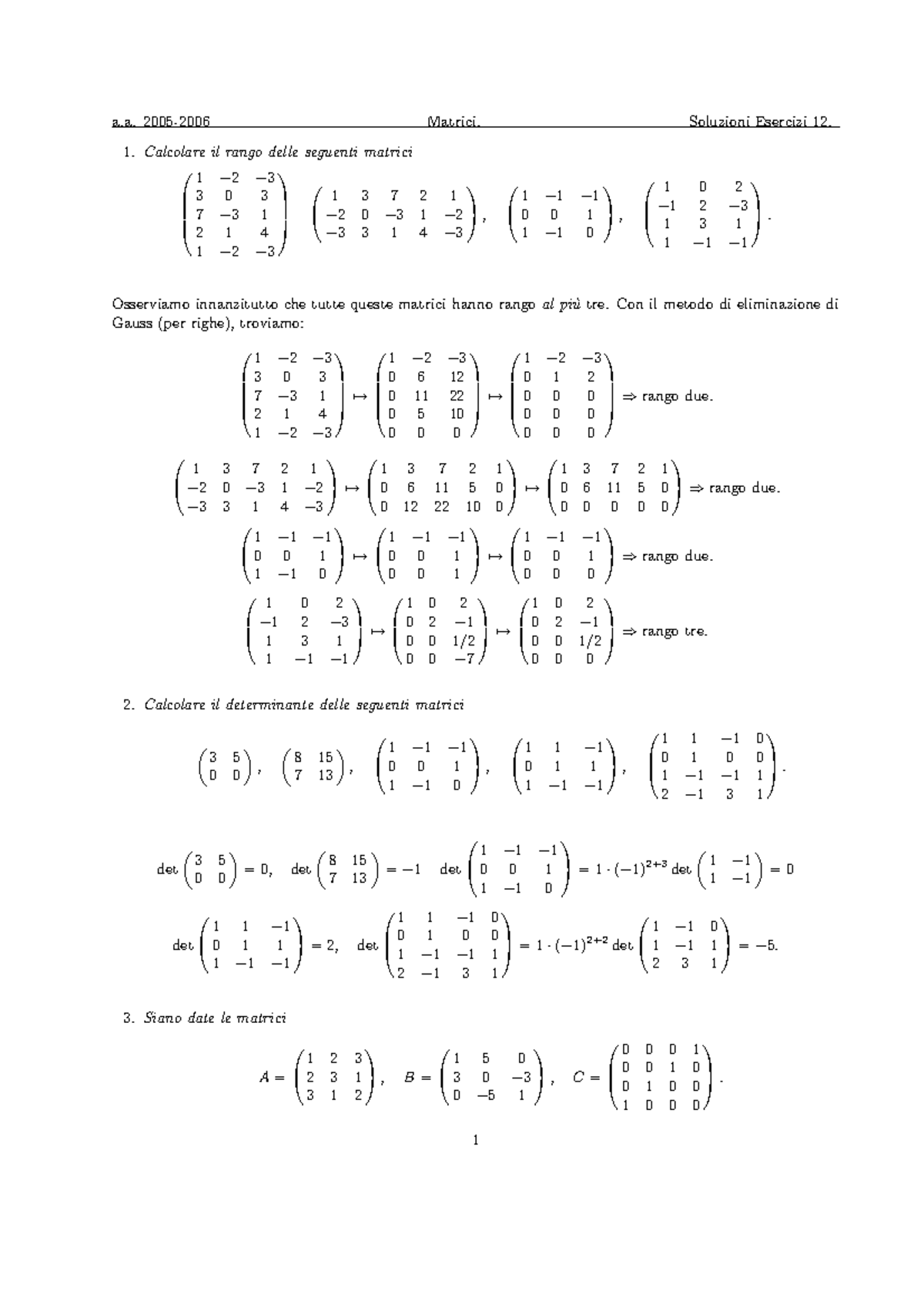 Rango e determinante - ... - a. 2005-2006 Matrici. Soluzioni Esercizi ...