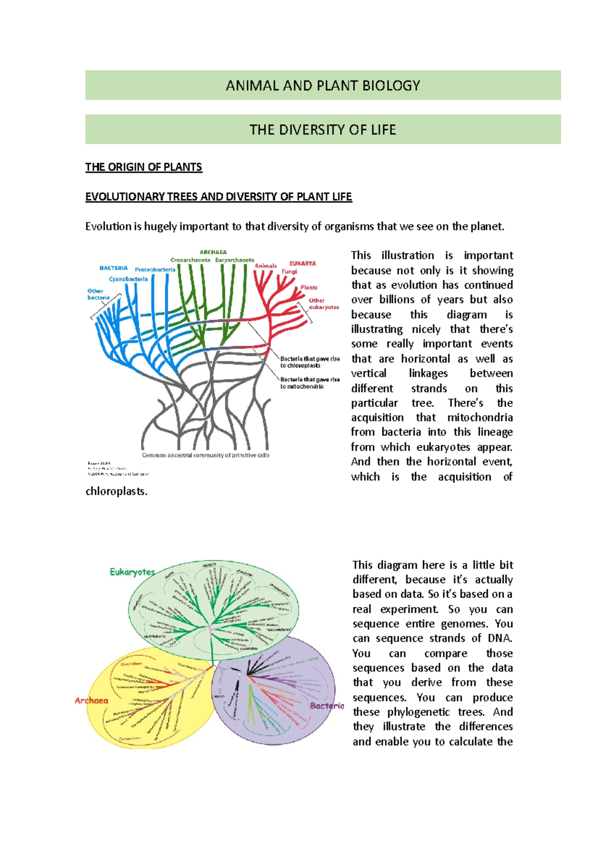 The diversity of life - Lecture notes 1 - BIO00012C - York - Studocu