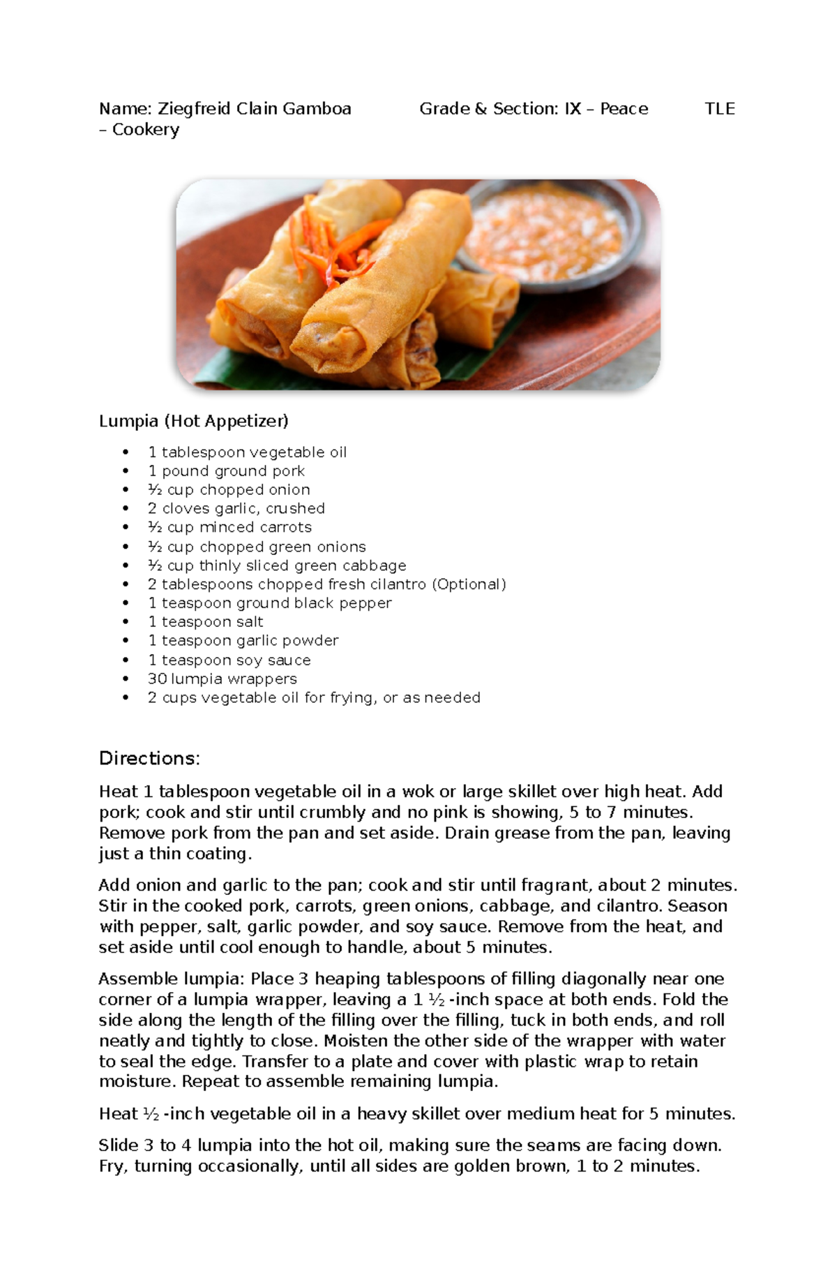 TLE Cookery - cook - Name: Ziegfreid Clain Gamboa Grade & Section: IX ...