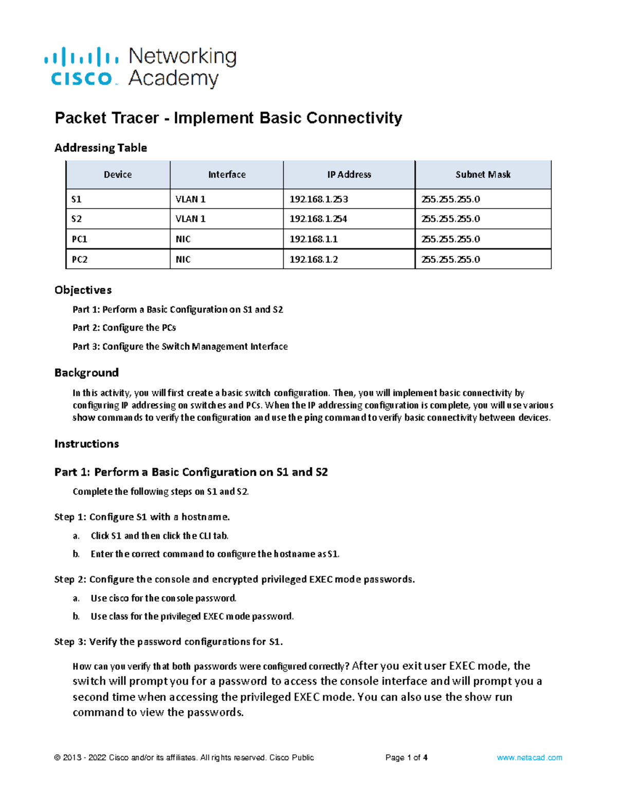 Packet Tracer Implement Basic Connectivity Addressing Table Device Interface Ip Address