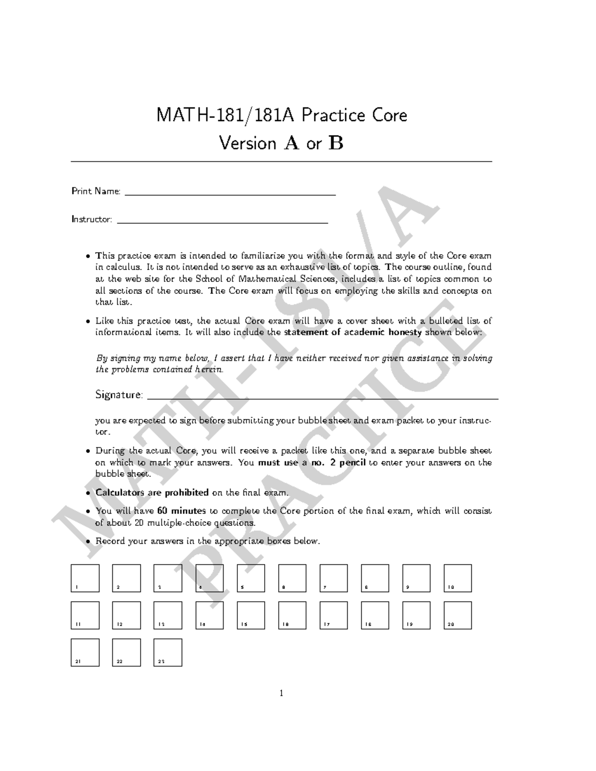 181-Practice Core - Multiple choice practice core exam. - MATH-181/A PRACTICE MATH-181/181A ...