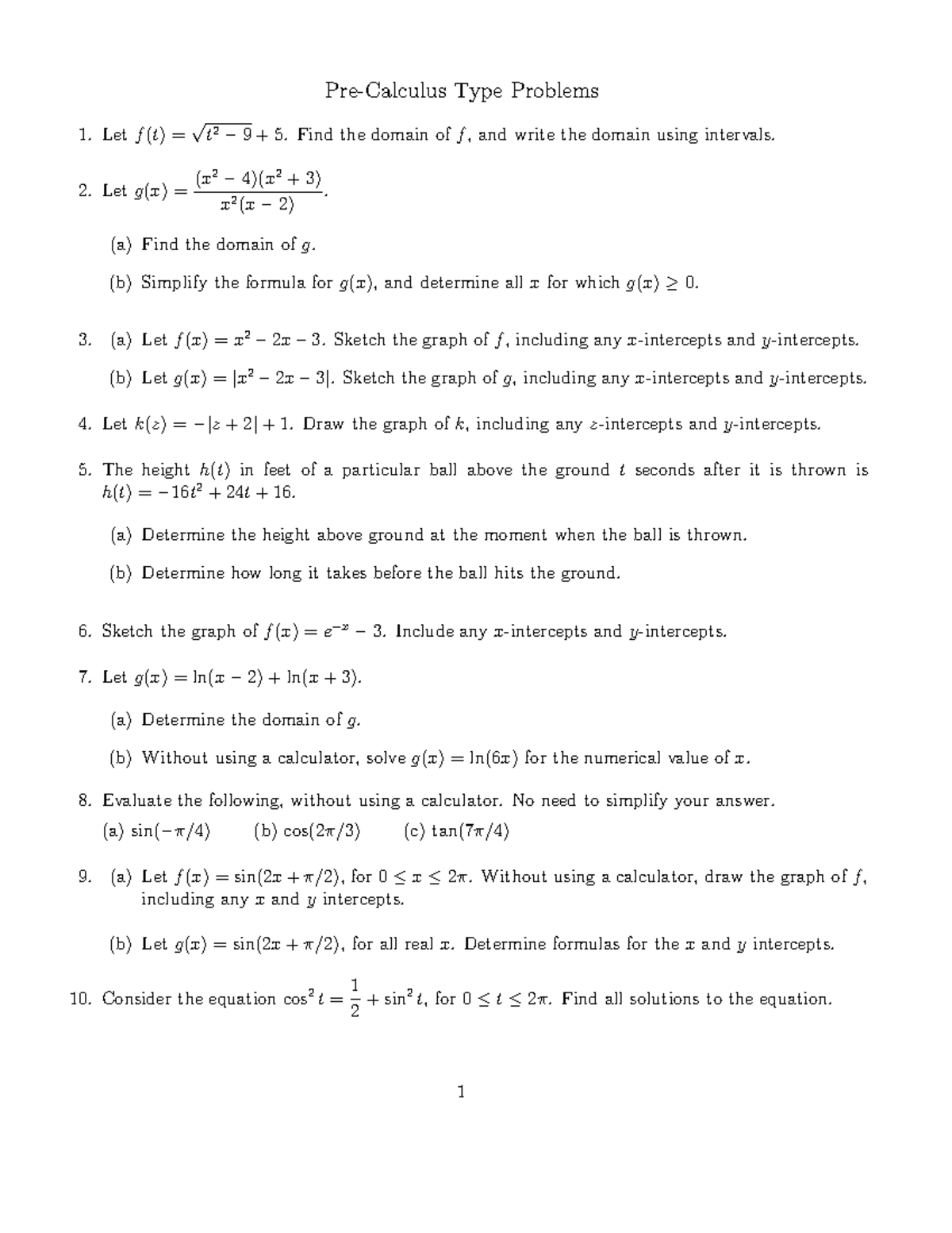Pre-calculus problems for Math 140 - Pre-Calculus Type Problems Let f ...