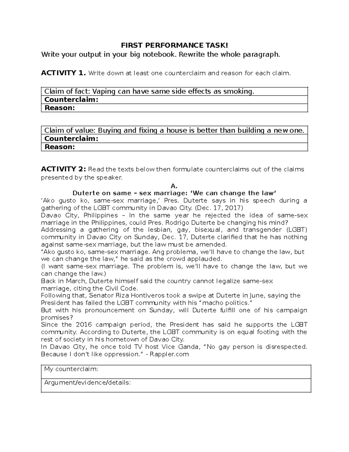First- Performance-TASK - FIRST PERFORMANCE TASK! Write your output in ...