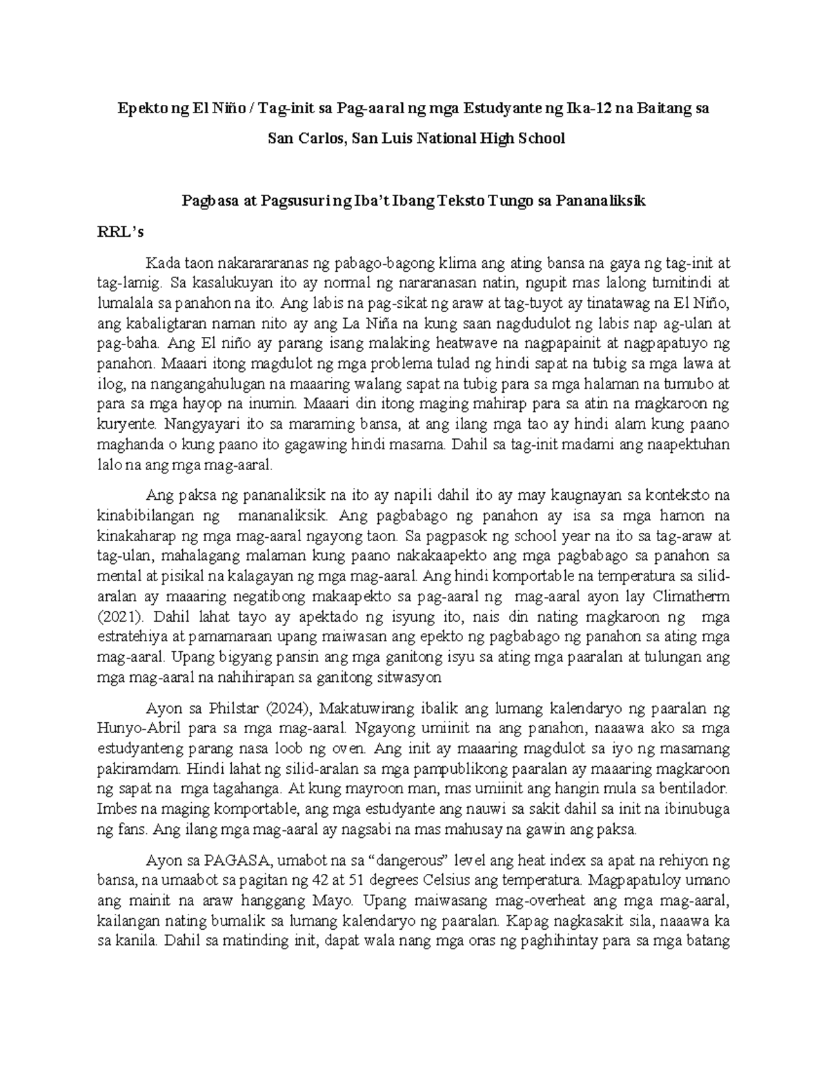 Pananaliksik-G4 - Helpful - Epekto ng El Niño / Tag-init sa Pag-aaral ng mga Estudyante ng Ika ...
