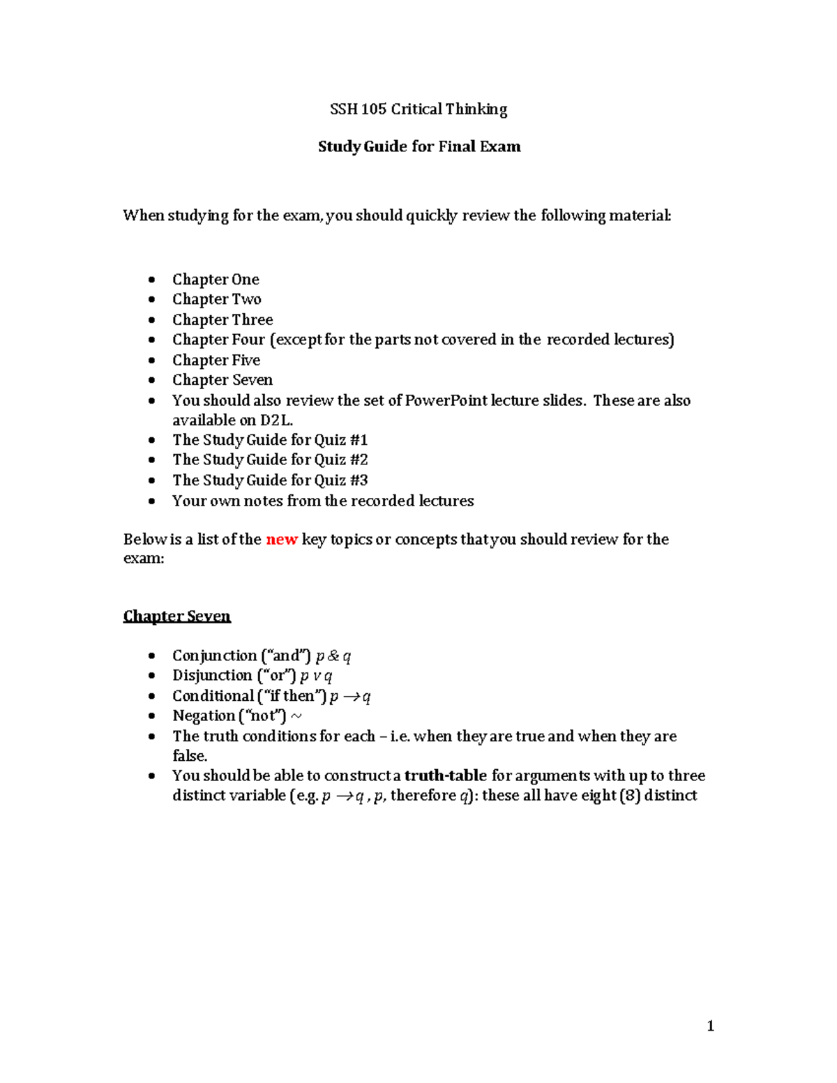 Study Guide For Final Exam - 1 SSH 105 Critical Thinking Study Guide ...