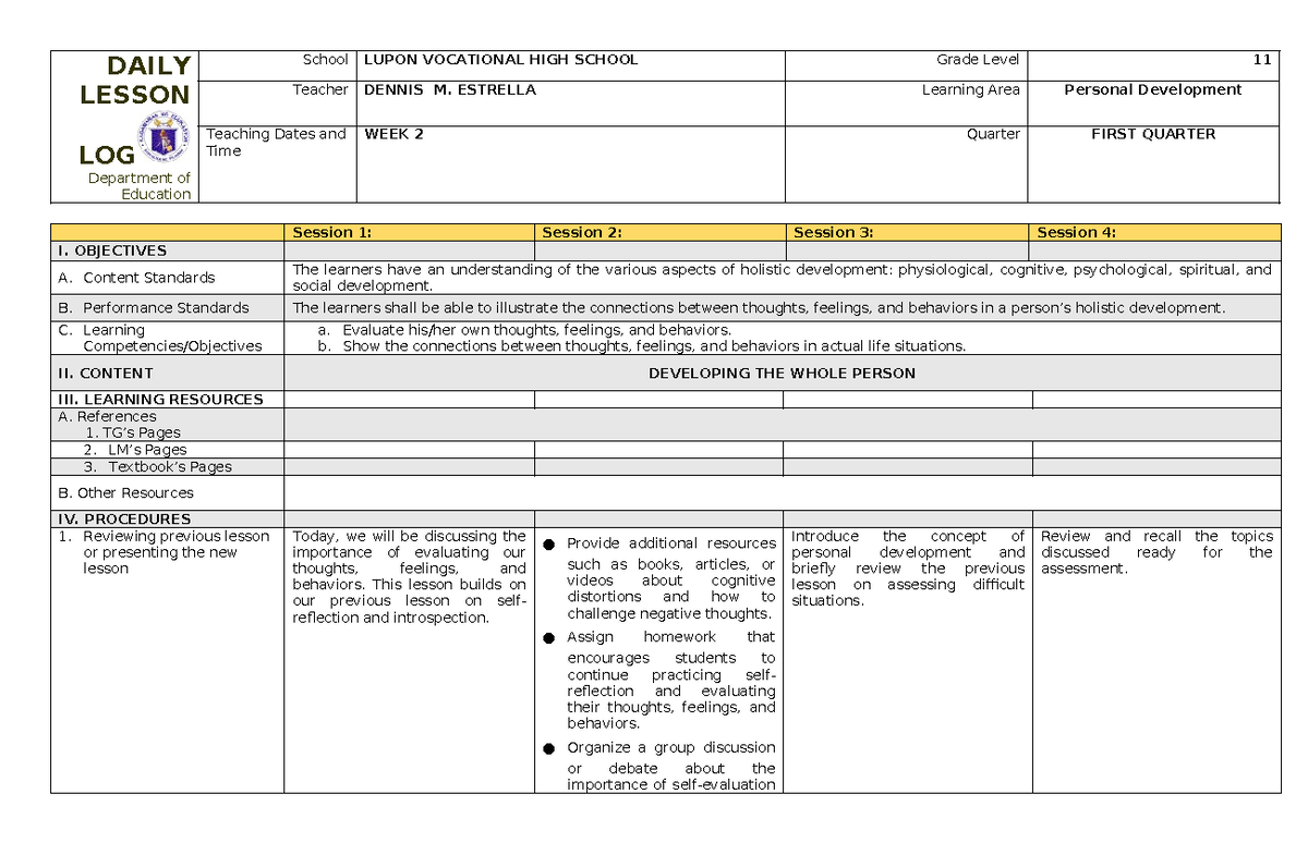 Perdev Q1 WEEK2 - Personal Development guide - DAILY LESSON LOG ...