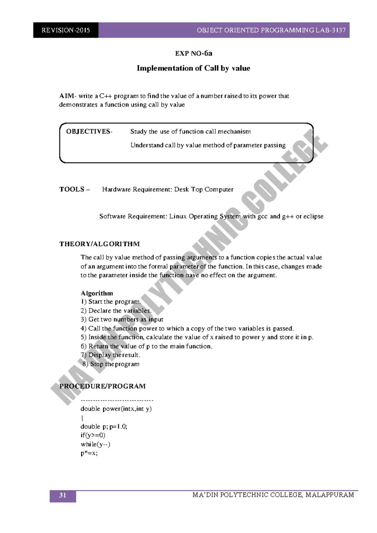 inline function - REVISION-2015 OBJECT ORIENTED PROGRAMMING LAB- 31 MA‟DIN POLYTECHNIC COLLEGE ...