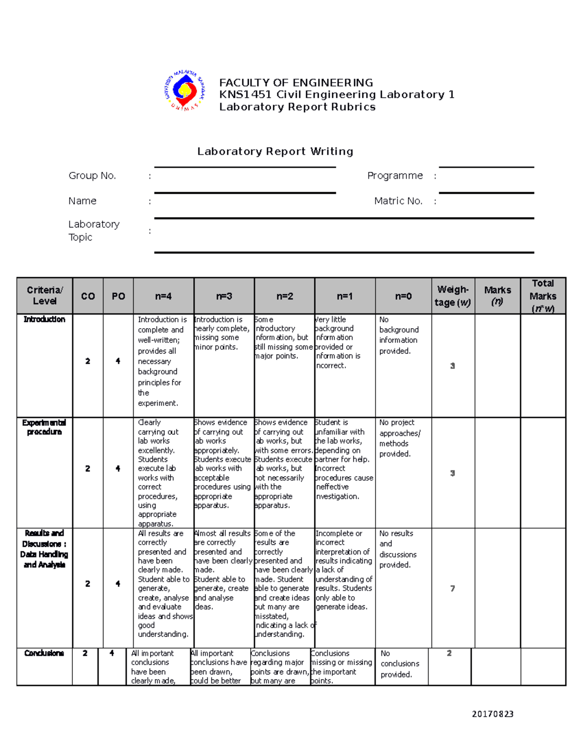 Rubric - LAB Report - ... - FACULTY OF ENGINEERING KNS1451 Civil ...