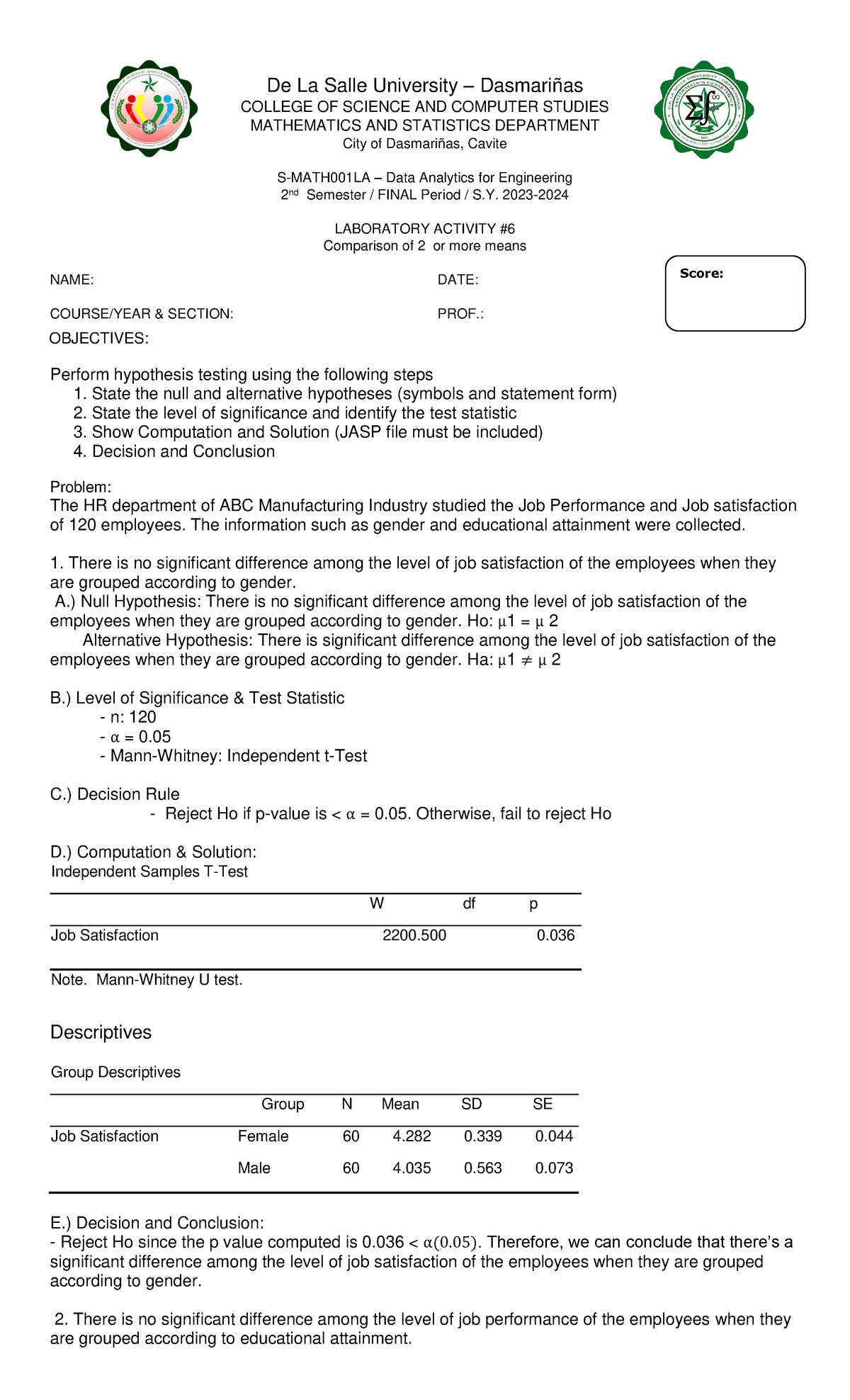 LA2 Nonparametric - De La Salle University – Dasmariñas COLLEGE OF ...