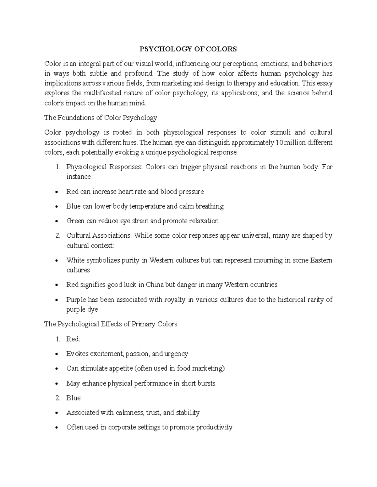 Psychology OF Colors - PSYCHOLOGY OF COLORS Color is an integral part ...