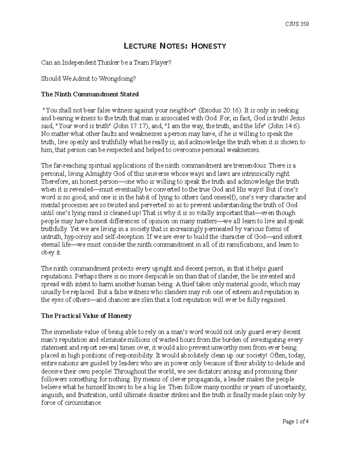 Lecture Notes Honesty - LECTURE NOTES: HONESTY Can an Independent ...
