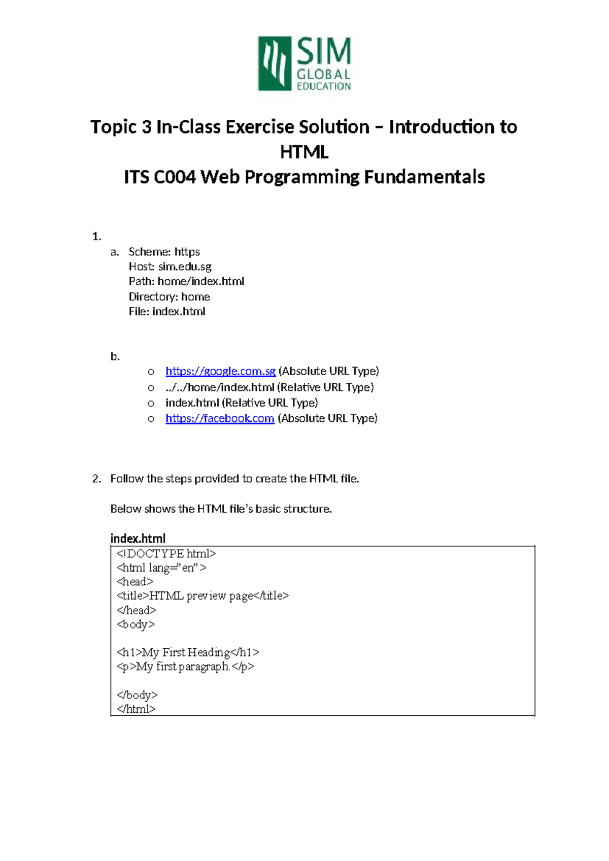 Topic 3 Ces Introduction To Html Topic 3 In Class Exercise Solution Introduction To Html
