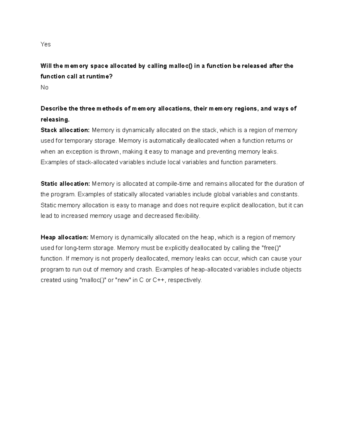 Data Structures Midterm Review 2 Yes Will The Memory Space Allocated By Calling Malloc In A