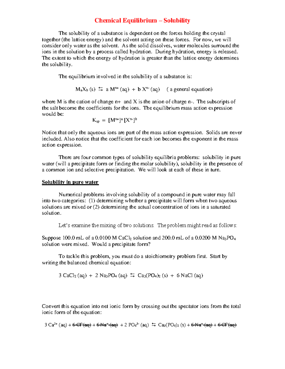 Solubility Equilibrium - Chemical Equilibrium – Solubility The ...
