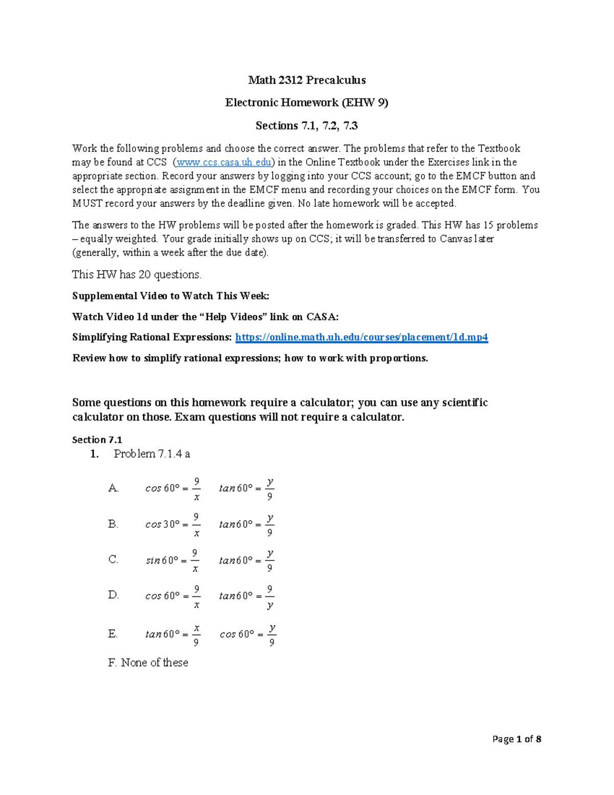 2312 ehw9 f - homework - Math 2312 Precalculus Electronic Homework (EHW ...