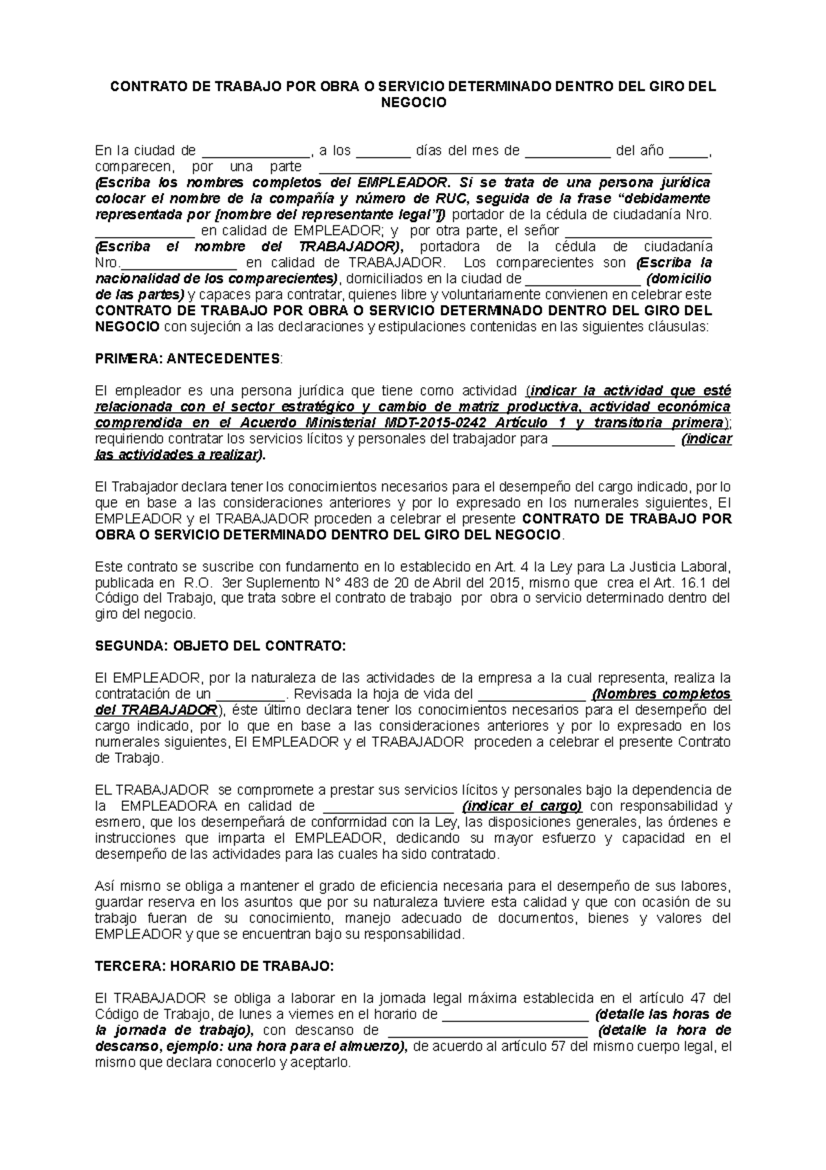 12 contrato de trabajo por obra o por servicio determinado dentro del giro del negocio ...