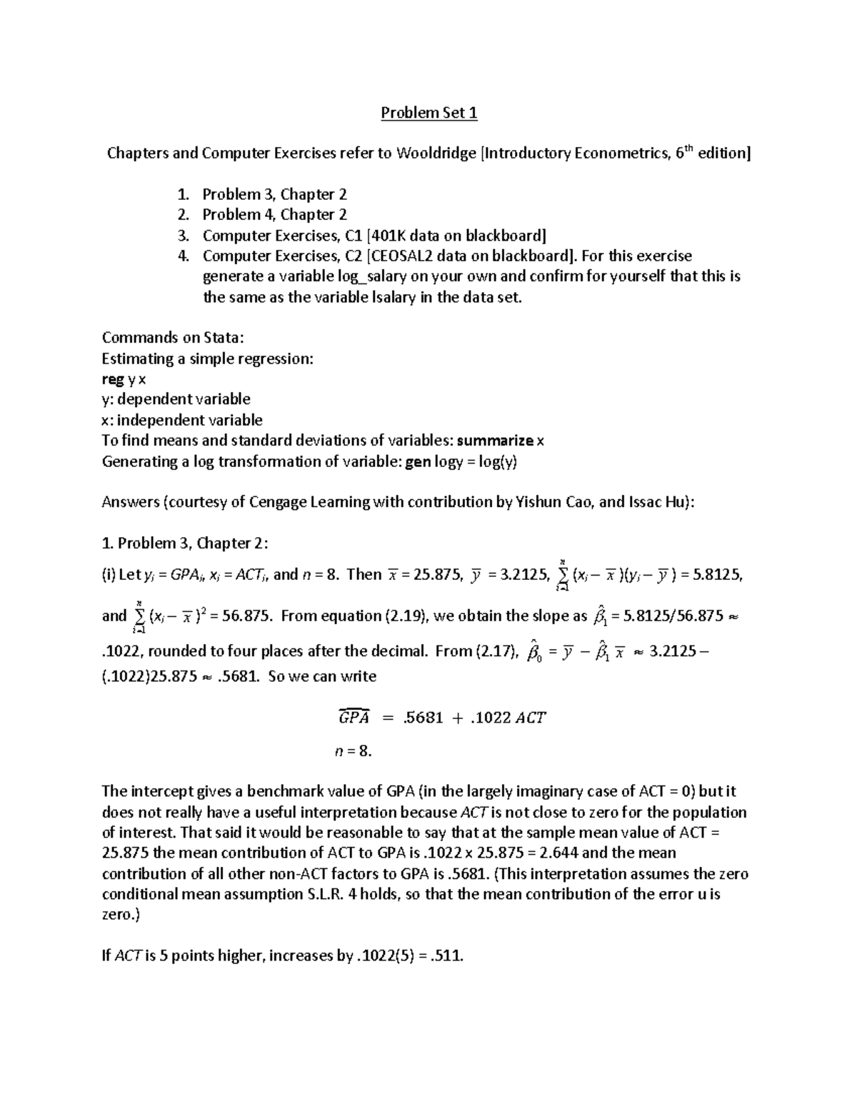 Answers To Econometrics Problem Set 1a Problem Set 1 Chapters And