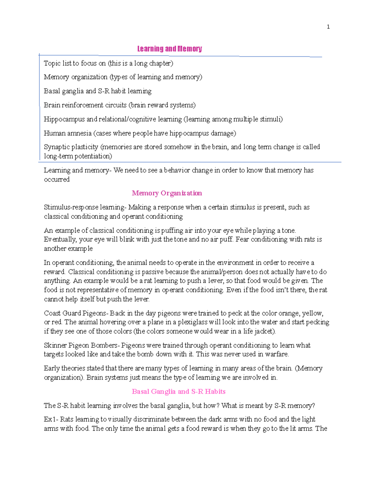 Learning and Memory Lecture - Learning and Memory Topic list to focus ...