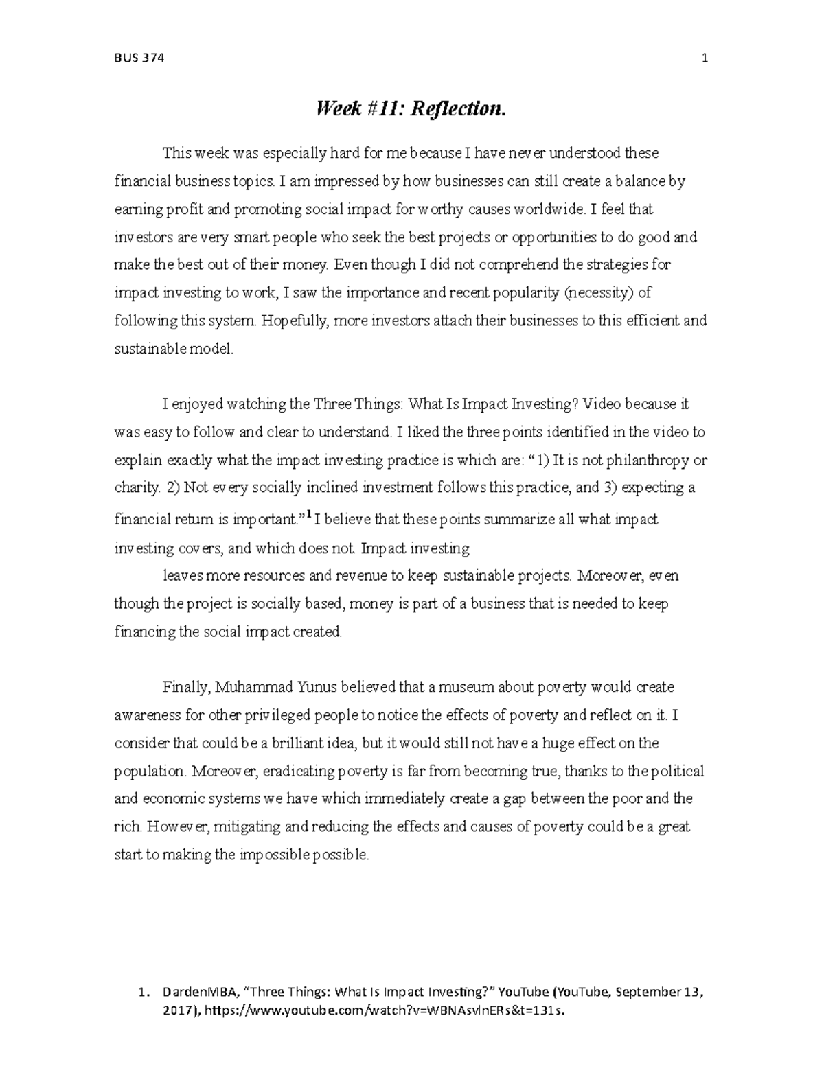 W.11 Reflection - BUS 374 1 Week #11: Reflection. This week was ...