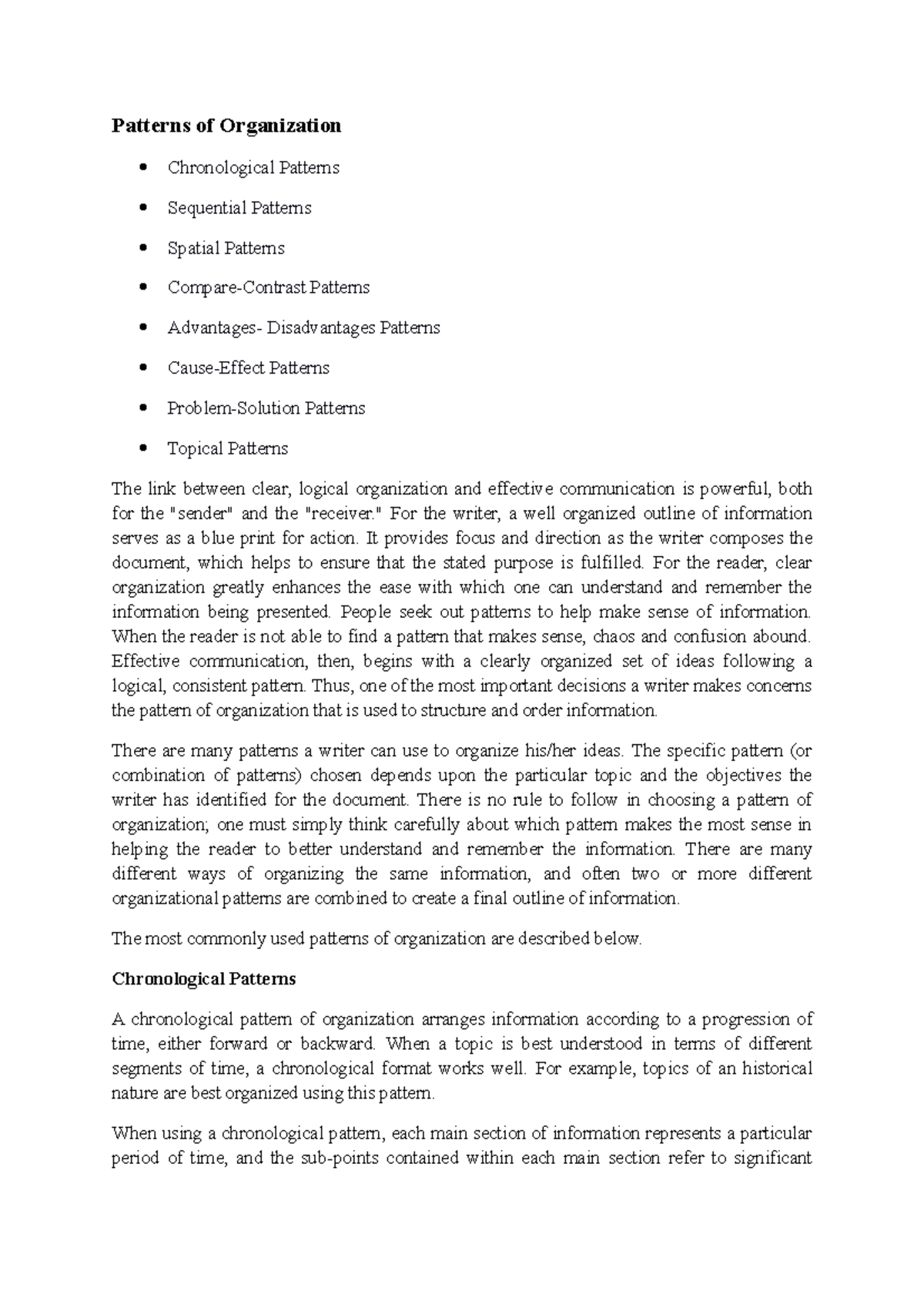 Patterns of Organization - Patterns of Organization Chronological ...
