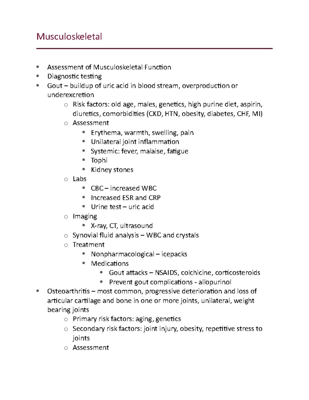 Exam review of the Musculoskeletal System - NURSNG310 - UMass Boston ...