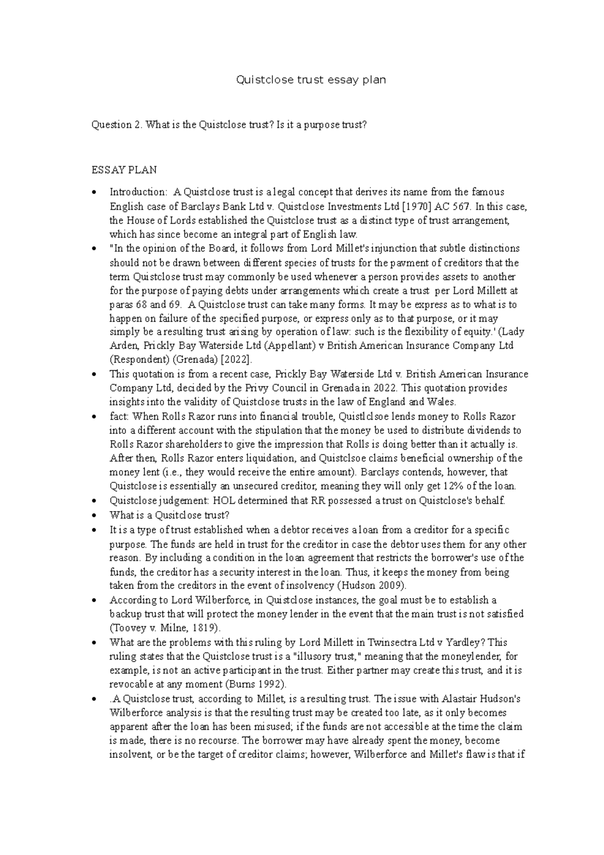 Quistclose trust essay plan - Quistclose trust essay plan Question 2 ...