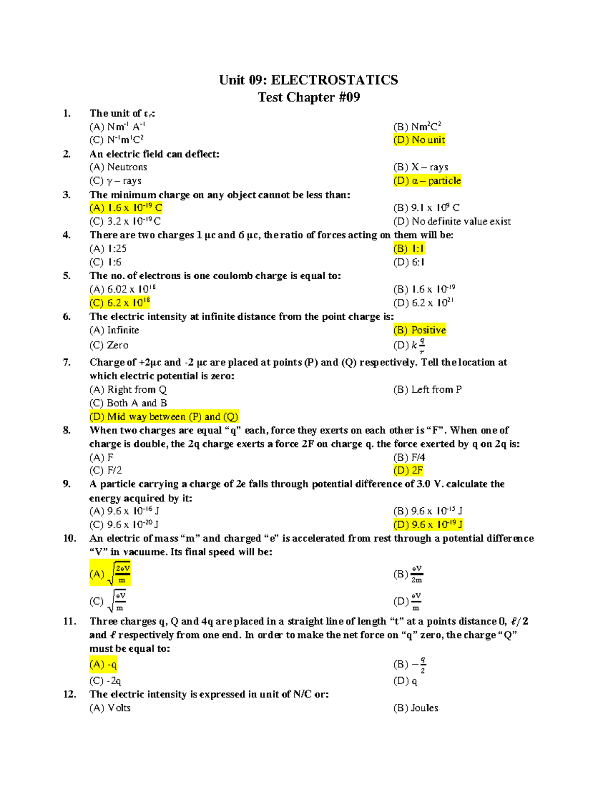 Chapter #9 - practical - Unit 09: ELECTROSTATICS Test Chapter The unit ...