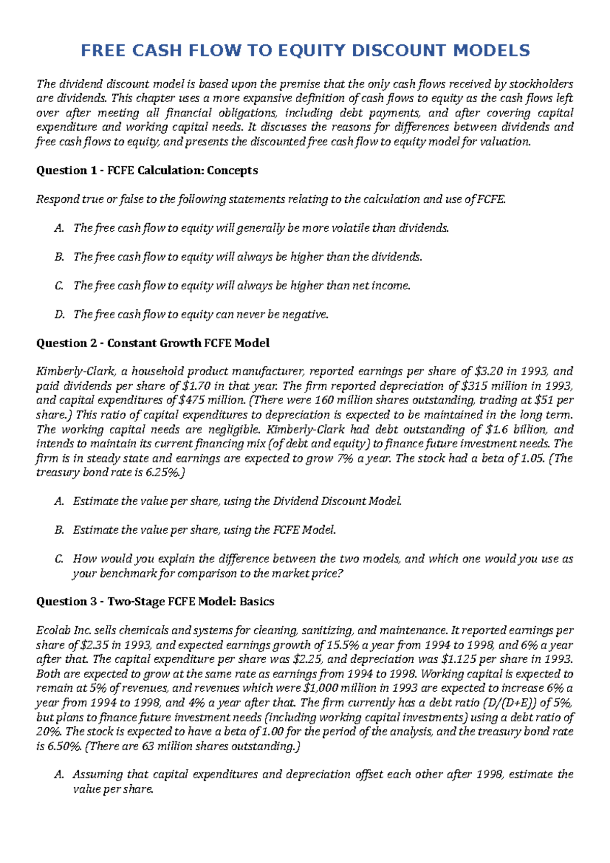 FREE CASH FLOW TO Equity Discount Models - FREE CASH FLOW TO EQUITY ...