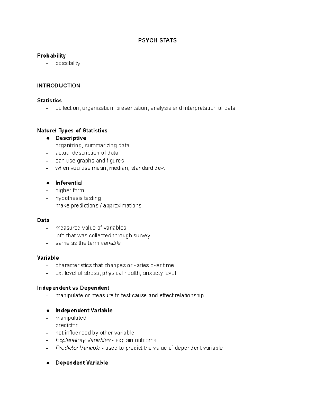 Stats - review - PSYCH STATS Probability - possibility INTRODUCTION ...