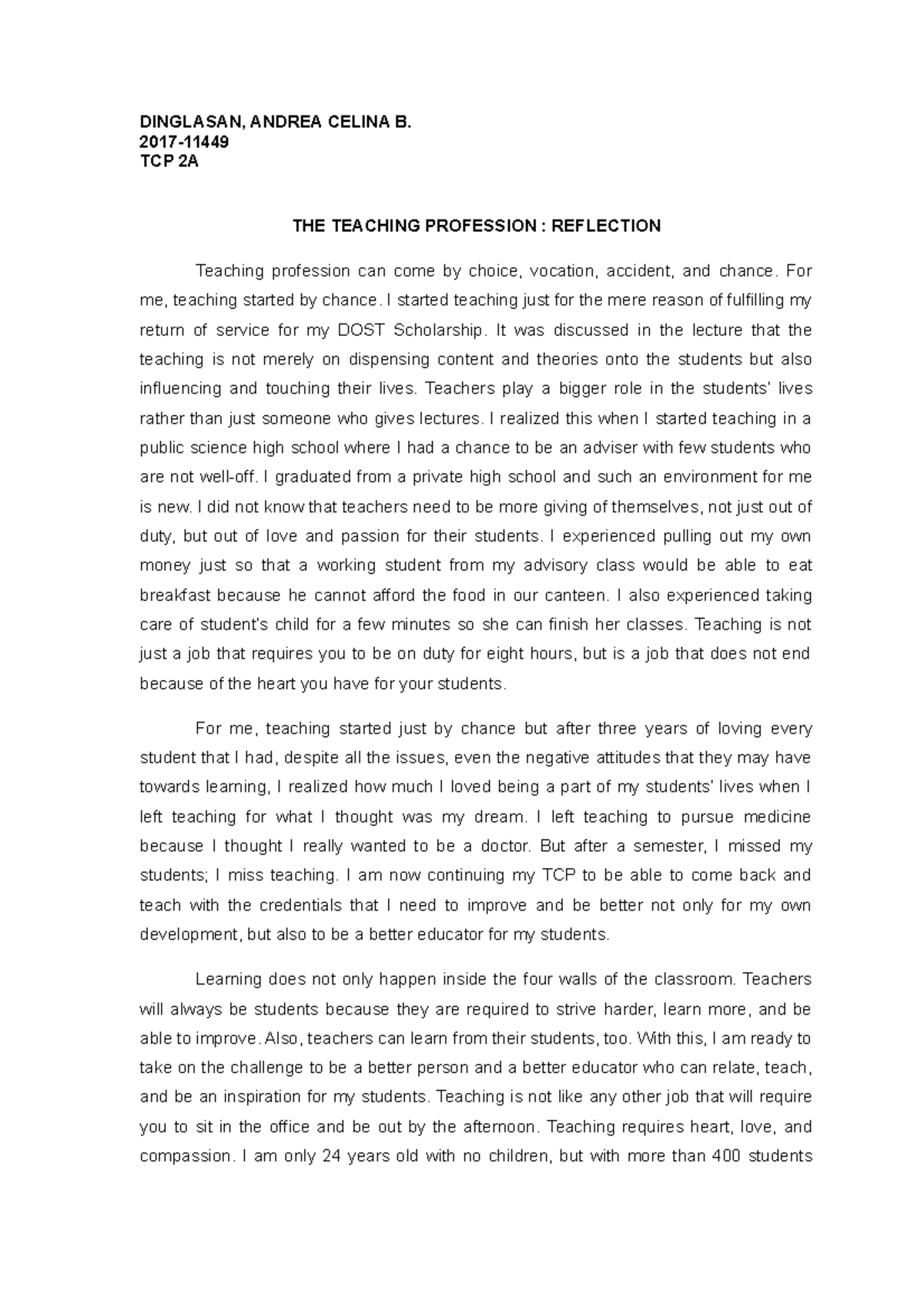 1. Reflection on The Teaching Profession - DINGLASAN, ANDREA CELINA B ...
