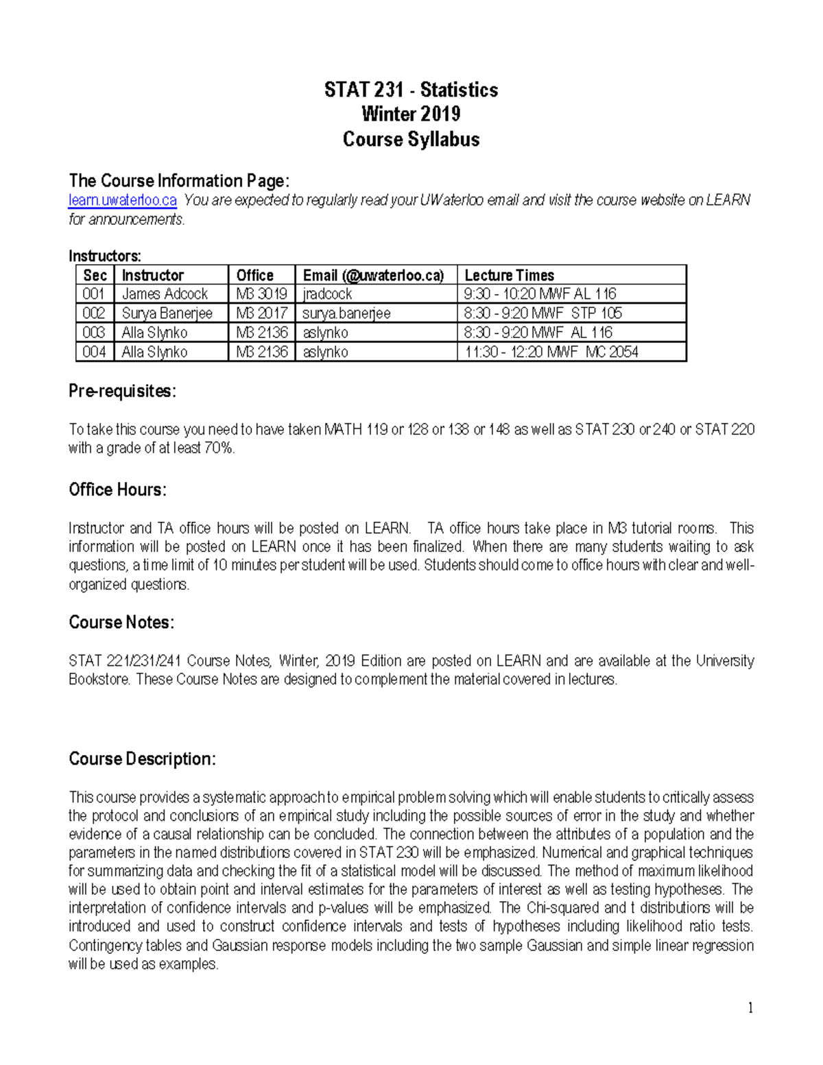 STAT 231 Course Syllabus - STAT 231 - Statistics Winter 2019 Course ...