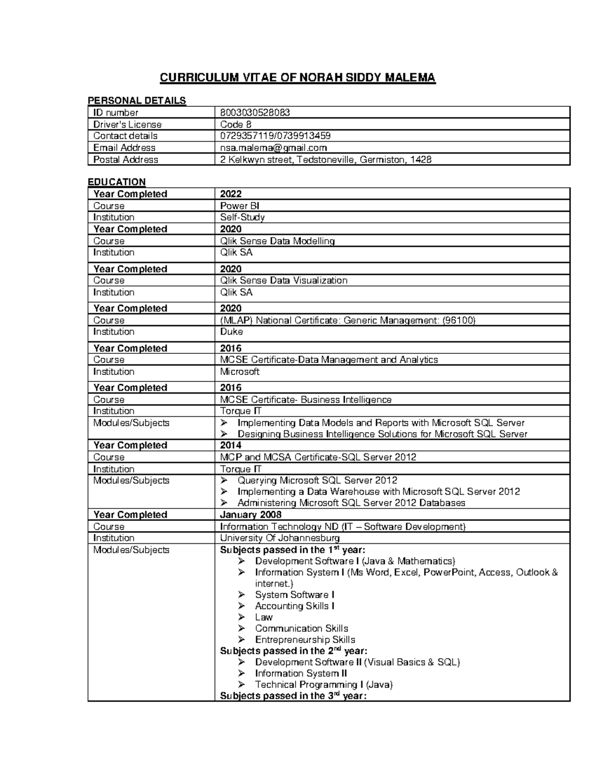 Norah's cv-2023 - CURRICULUM VITAE OF NORAH SIDDY MALEMA PERSONAL ...