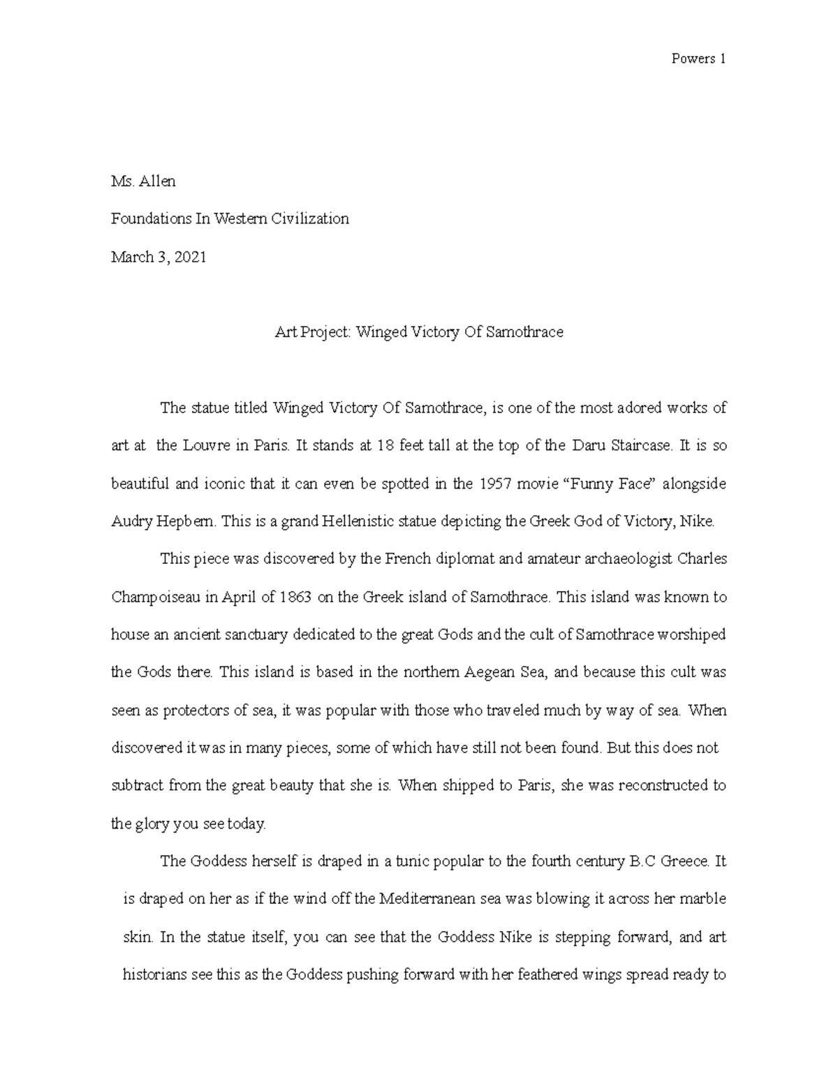 hist. art project and paper: winged victory - Powers 1 Ms. Allen ...