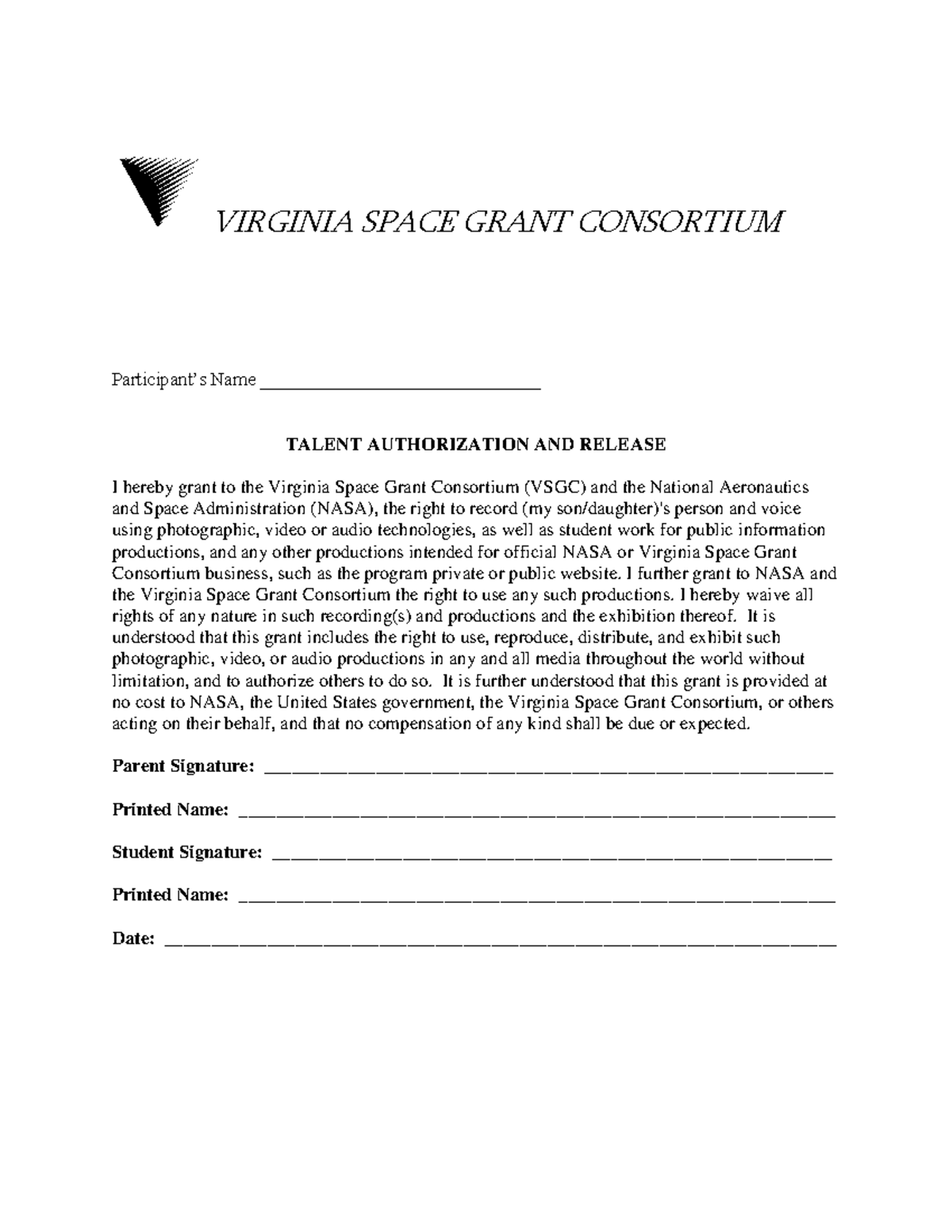 Vasts Talent Authorization Release Form 2019 - VIRGINIA SPACE GRANT ...