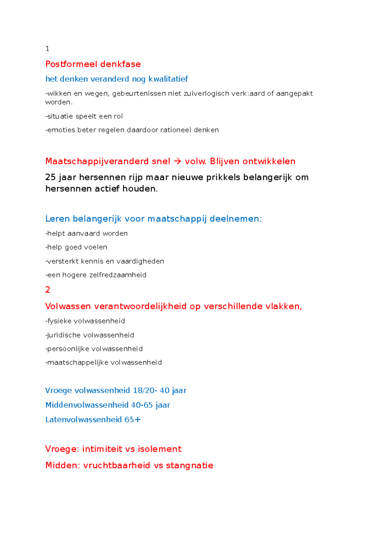 Sociologie volwassenen - 1 Postformeel denkfase het denken veranderd ...