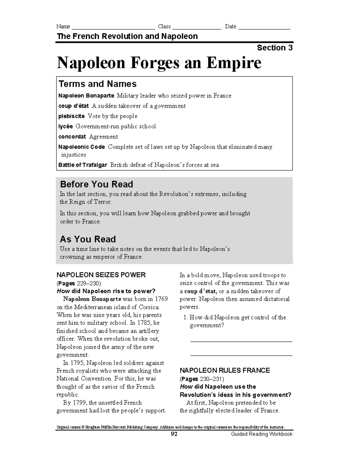 Napoleon forges an empire guided reading-1 - Name ...