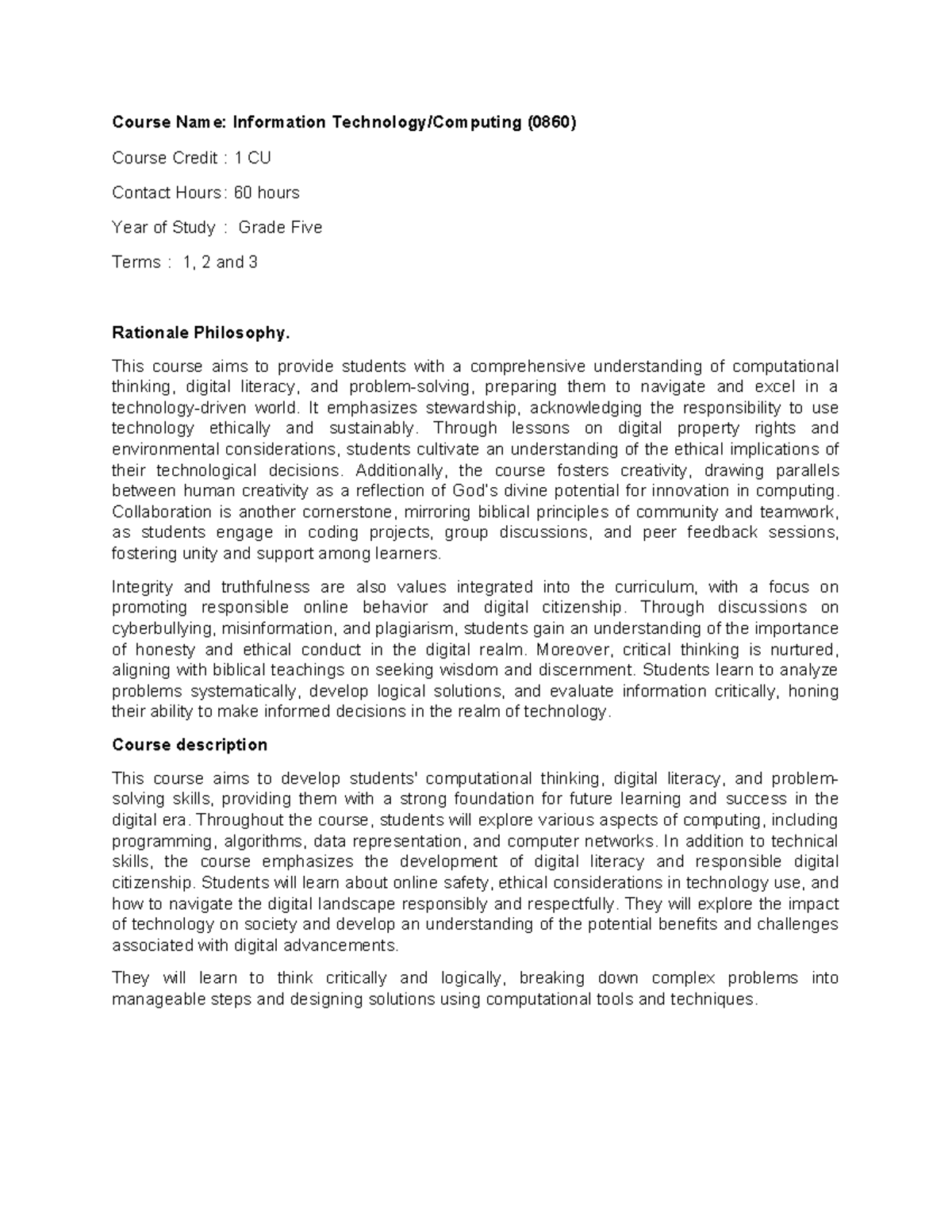 Course description G5 - Course Name: Information Technology/Computing ...