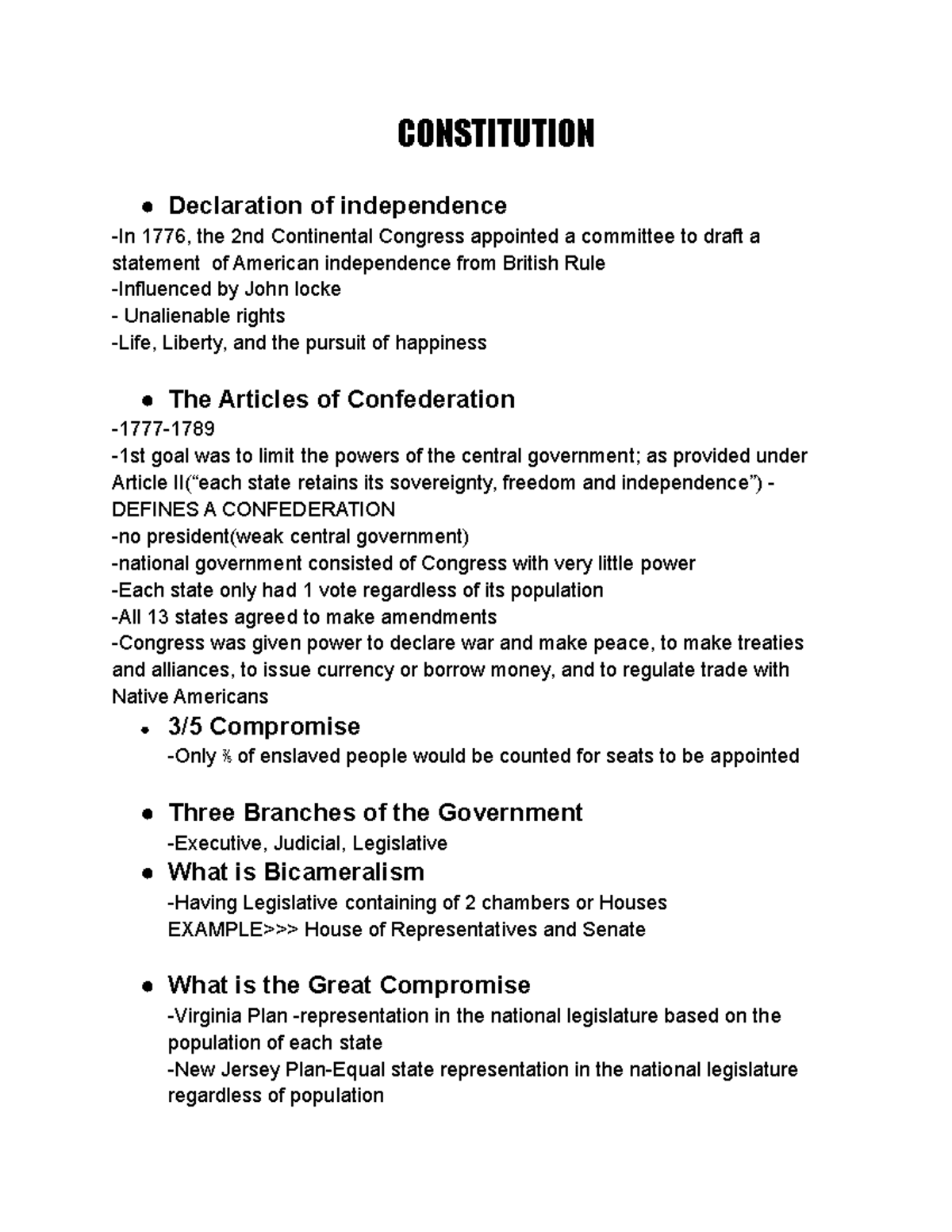 Exam 1 Review doc - CONSTITUTION Declaration of independence -In 1776 ...