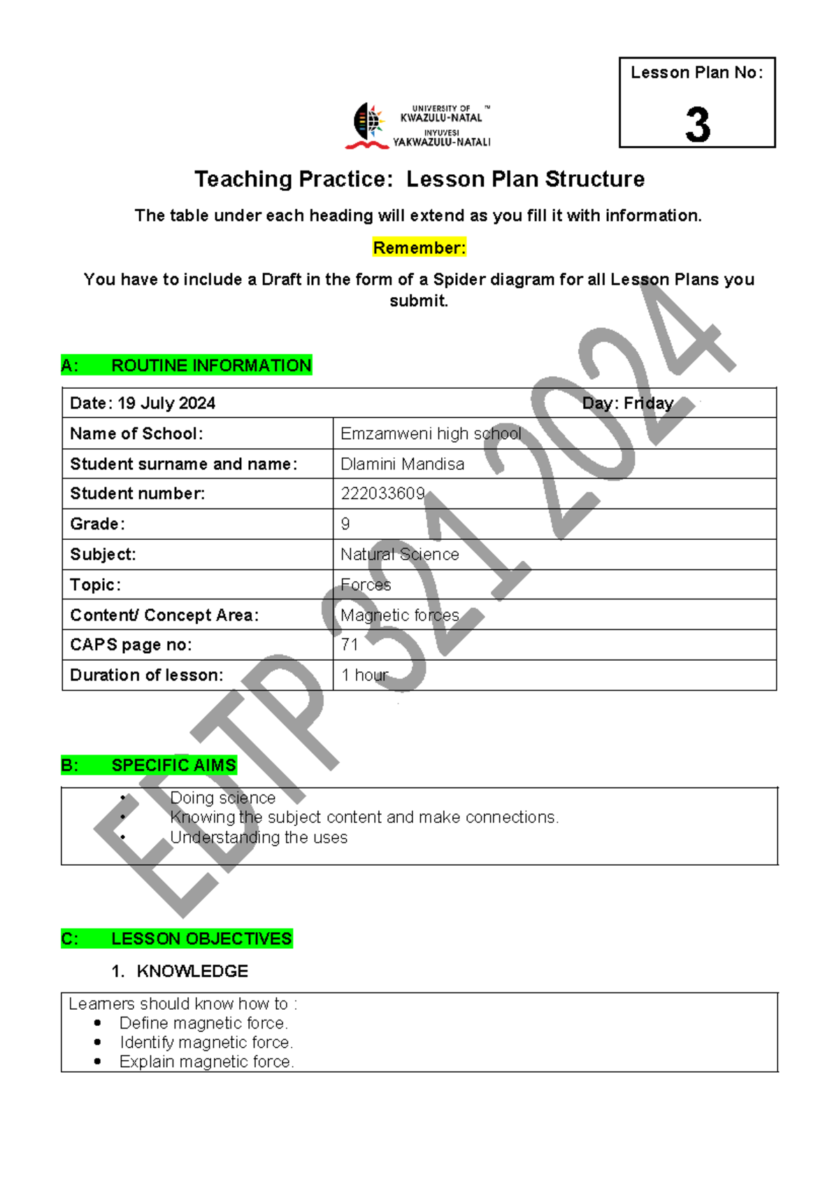 NS Lesson PLAN 3 2024 - Teaching Practice: Lesson Plan Structure The ...